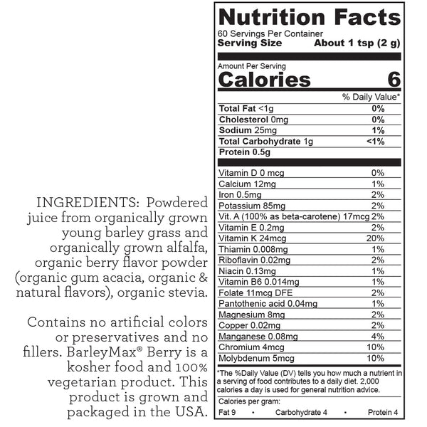 Organic Barley Grass Juice Powder - BarleyMax (Berry Flavored) - 30 Day ...